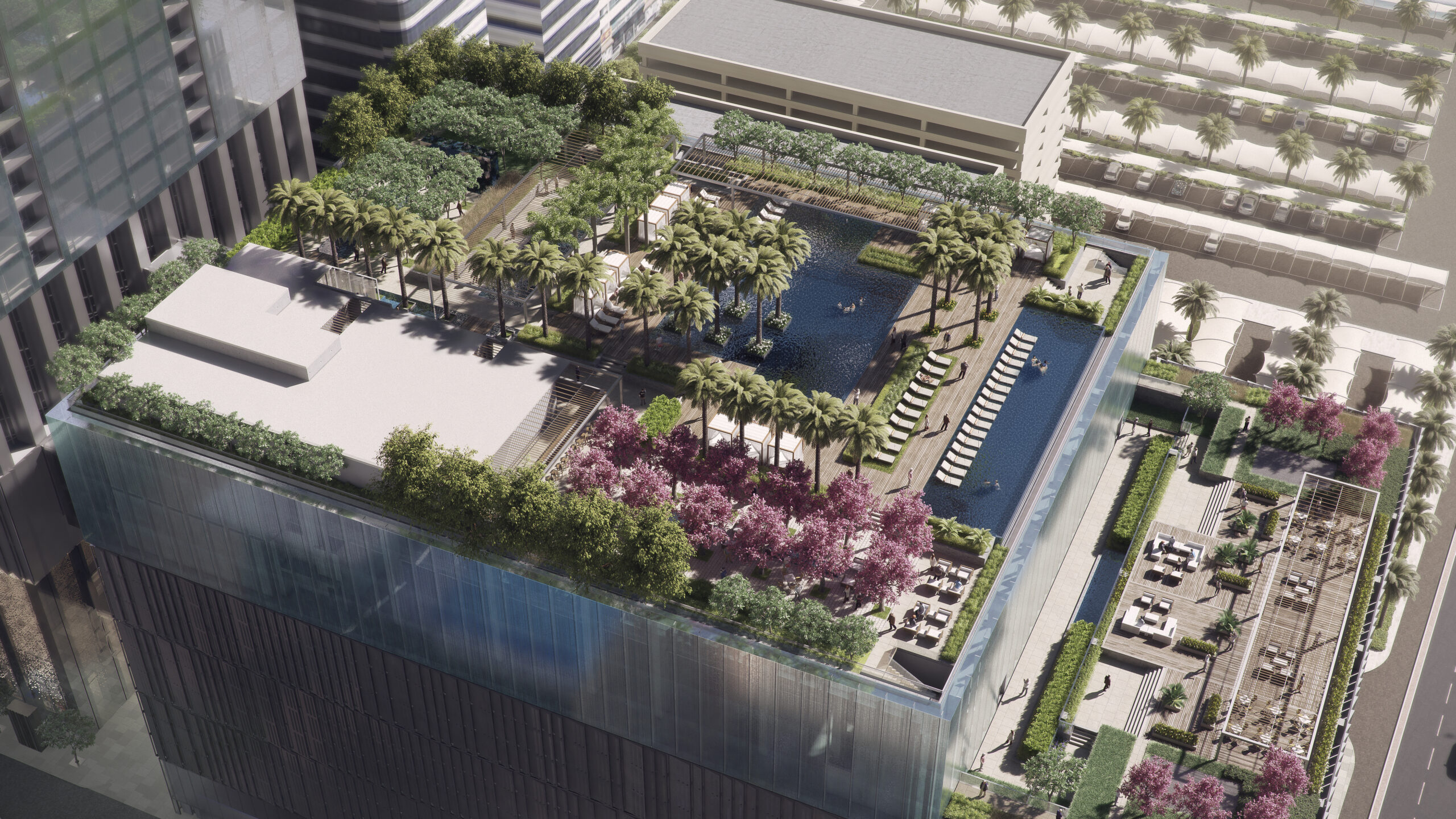 Elevated garden terraces and wind mitigation for Entisar Tower - AE7